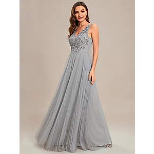 Ever-Pretty Women's Flowy Appliques V Neck A Line Sleeveless Tulle Pleated Evening Gowns Gray US8