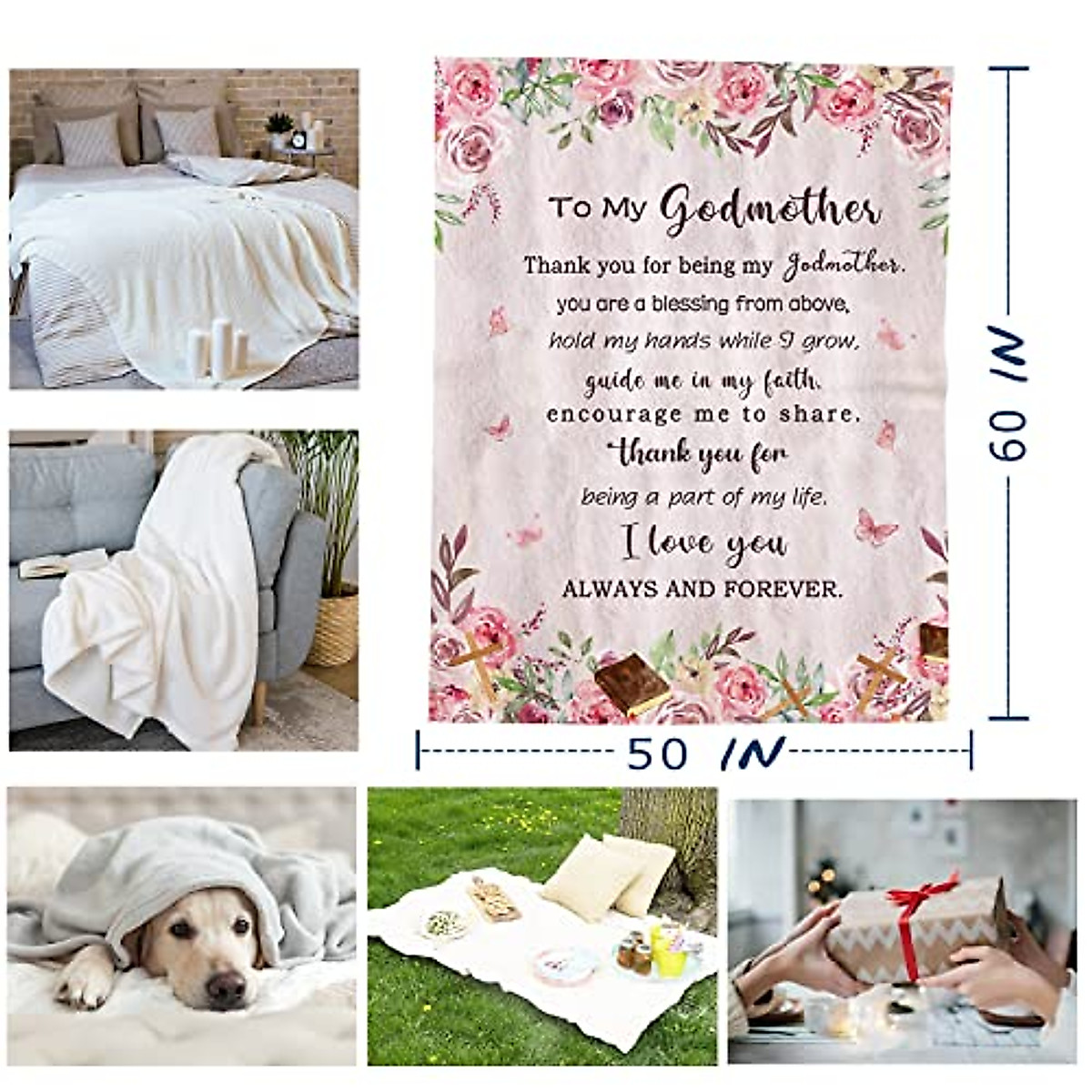 Yamco Godmother Gifts Blanket - Godmother Gifts from Godchild 60"X 50" Throw Blankets - Christian Gifts for Godmother - Baptism Gifts for Godmother Ideas