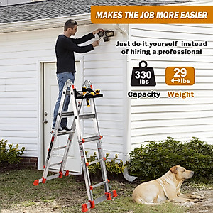 Soctone Ladder, A Frame 4 Step Extension Ladder, 14 Ft with Multi Position & Removable Tool Tray with Stabilizer Bar, 330 lbs Weight Rating Telescoping Ladder for Household or Outdoor Work