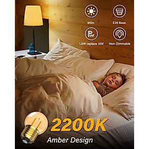 TobeBright 1.5Watt Low Watt LED Light Bulbs Equivalent to 10 Watt Night Light Bulbs,E26 Standard Base G40 Small Globe Light Bulbs,2200K Soft Warm Light Bulb for Bedroom,Amber Glass,Non-Dimmable,4Pack
