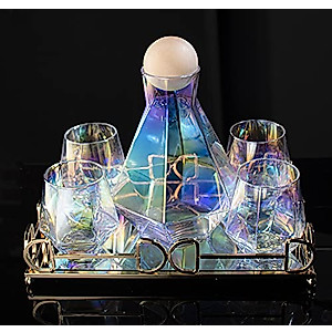 Diamond Iridescent Glass Diamond Decanter and Glasses Set, The Wine Savant Rainbow Iridescent Comes With A Diamond Decanter 4 Whiskey/Wine Diamond Glasses, 1 Tray and a Perfect Box