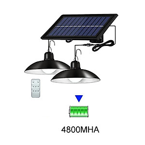 Aolyty Solar Pendant Light with Double Head Shed Light IP65 Waterproof Solar Powered Hanging Light with Remote Control Dimmable for Garden Yard Corridors Walkway Pathway Garage Driveway (Warm Light)
