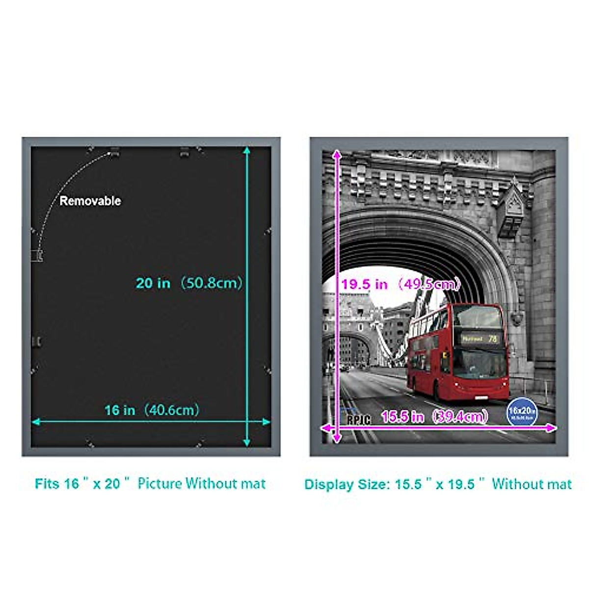 RPJC 16x20 Inch Solid Wood Poster Frame for Wall Mounting Hanging Picture Frames Grey