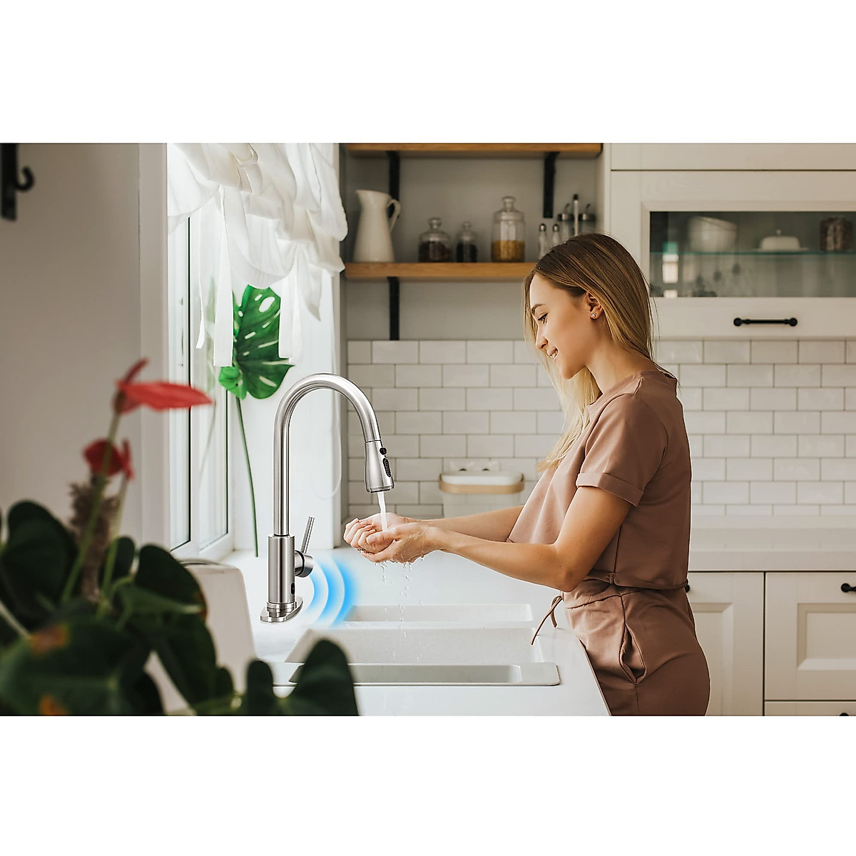 Qomolangma Touchless Kitchen Faucet with Pull Down Sprayer, Motion Single Handle Kitchen Sink Faucet with Pull Out Sprayer, Stainless Steel, Fingerprint Resistant, Brushed Nickel