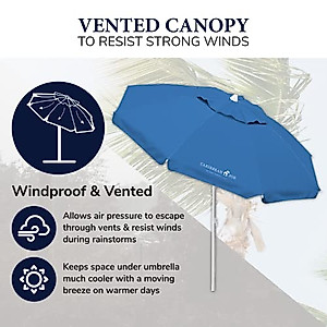 Caribbean Joe Beach Umbrella, Portable and Adjustable Tilt Sun Umbrella with UV Protection, Vented Canopy, Full 6.5 ft Arc, Blue