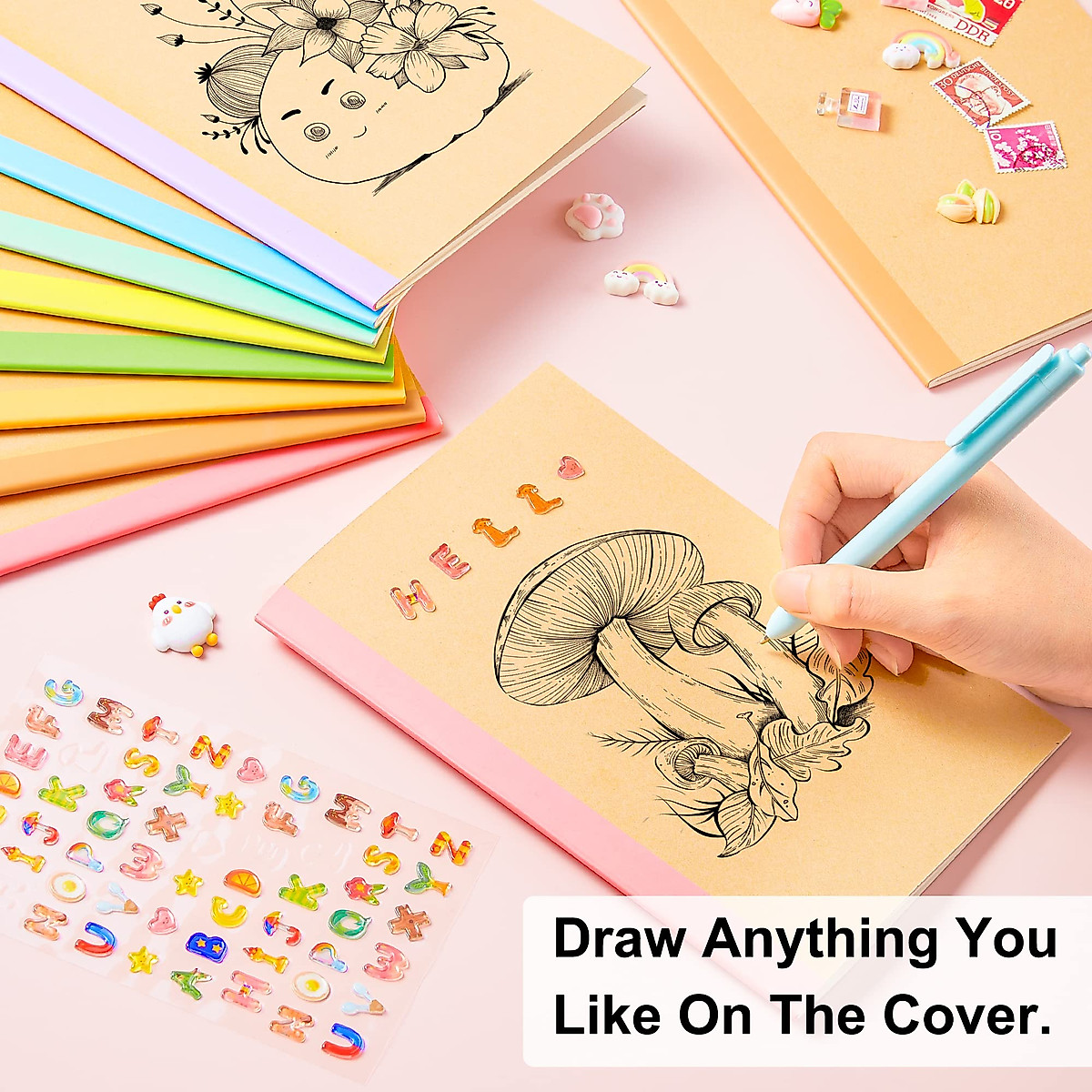 feela 56 Pack Composition Notebooks Bulk, Kraft Cover Lined Blank College Ruled Composition Travel Journals with Rainbow Spines For Women Students Business, 60 Pages, 8.3”x 5.5”, A5, 8 Pastel Colors