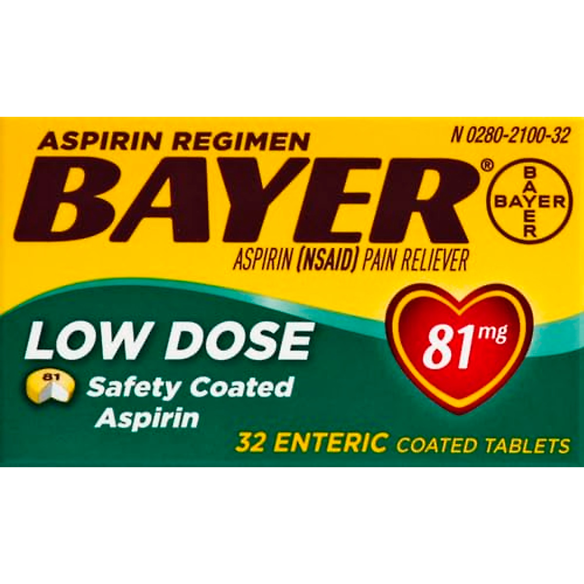 Bayer Aspirin Low Dose 81 mg, Enteric Coated Tablets, Doctor Recommended, Secondary Prevention of Cardiovascular Disease, 32 Safety Coated Tablets