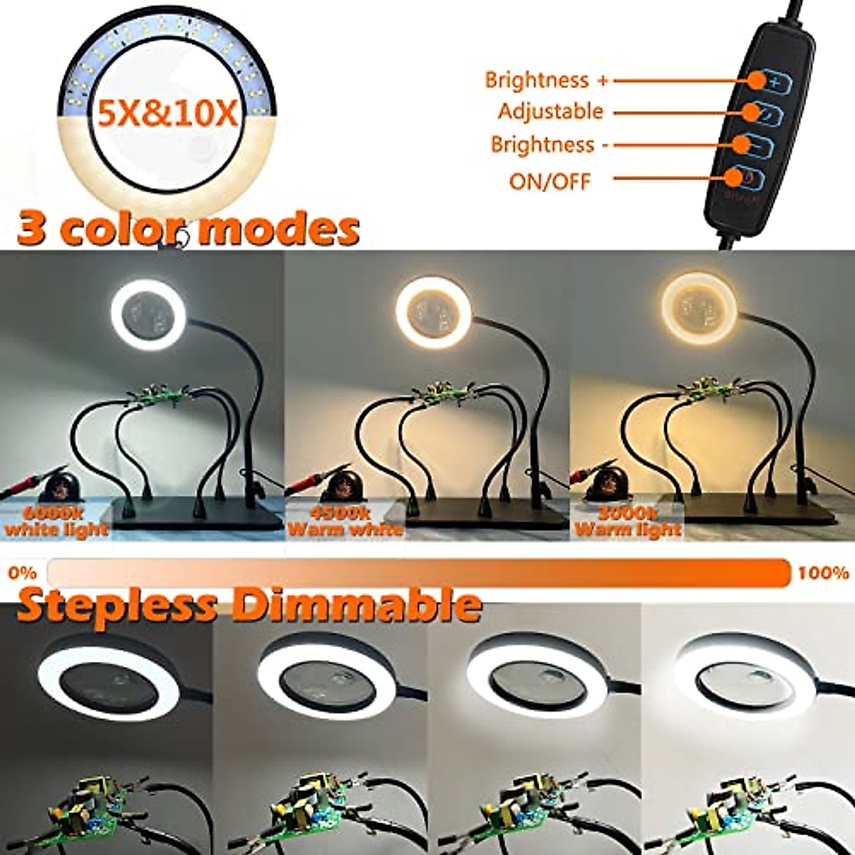 5X&10X Magnifying Glass with Light and Stand, KUVRS Flexible Magnetic Helping Hand, Large Base&Clamp Magnifying Lamp, 3 Color Adjustable Arm Desk Magnifying Glass with Light for Soldering Craft Hobby