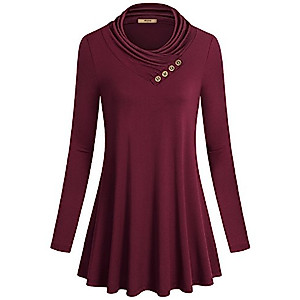 Miusey Womens Tunic Shirts,Long Sleeve Cowl Neck Flared Vintage A Line Loose Fit Shirt Casual Top Wine Red X-Large