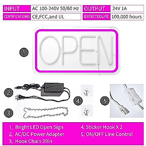 LED Open Signs for Business Ultra Bright Lighted Sign Open neon 16.5“ × 9”with ON/OFF Switch adapter for store window display, Party Bar Salon Hotel (White & Pink)