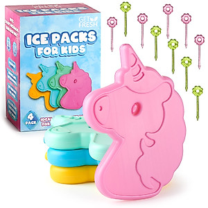GET FRESH Mini Freezer Ice Packs for Kids Lunch Box – 4-Pack Unicorn Small Freezer Blocks for Cool Bags and Lunch Boxes – Colorful Mini Ice Blocks for Kids Lunch Boxes Bags with 10 Food Picks
