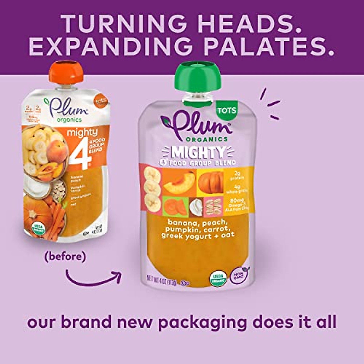 Plum Organics Mighty 4 Organic Toddler Food - Banana, Peach, Pumpkin, Carrot, Greek Yogurt, and Oat - 4 oz Pouch (Pack of 6) - Organic Fruit and Vegetable Toddler Food Pouch