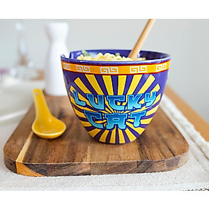 Boom Trendz Bowl Bop Purple Lucky Cat Japanese Ceramic Dinnerware Set | Includes 16-Ounce Ramen and Wooden Chopsticks Asian Food Dish for Home Kitchen Kawaii Anime Gifts, Maneki Neko Collectible