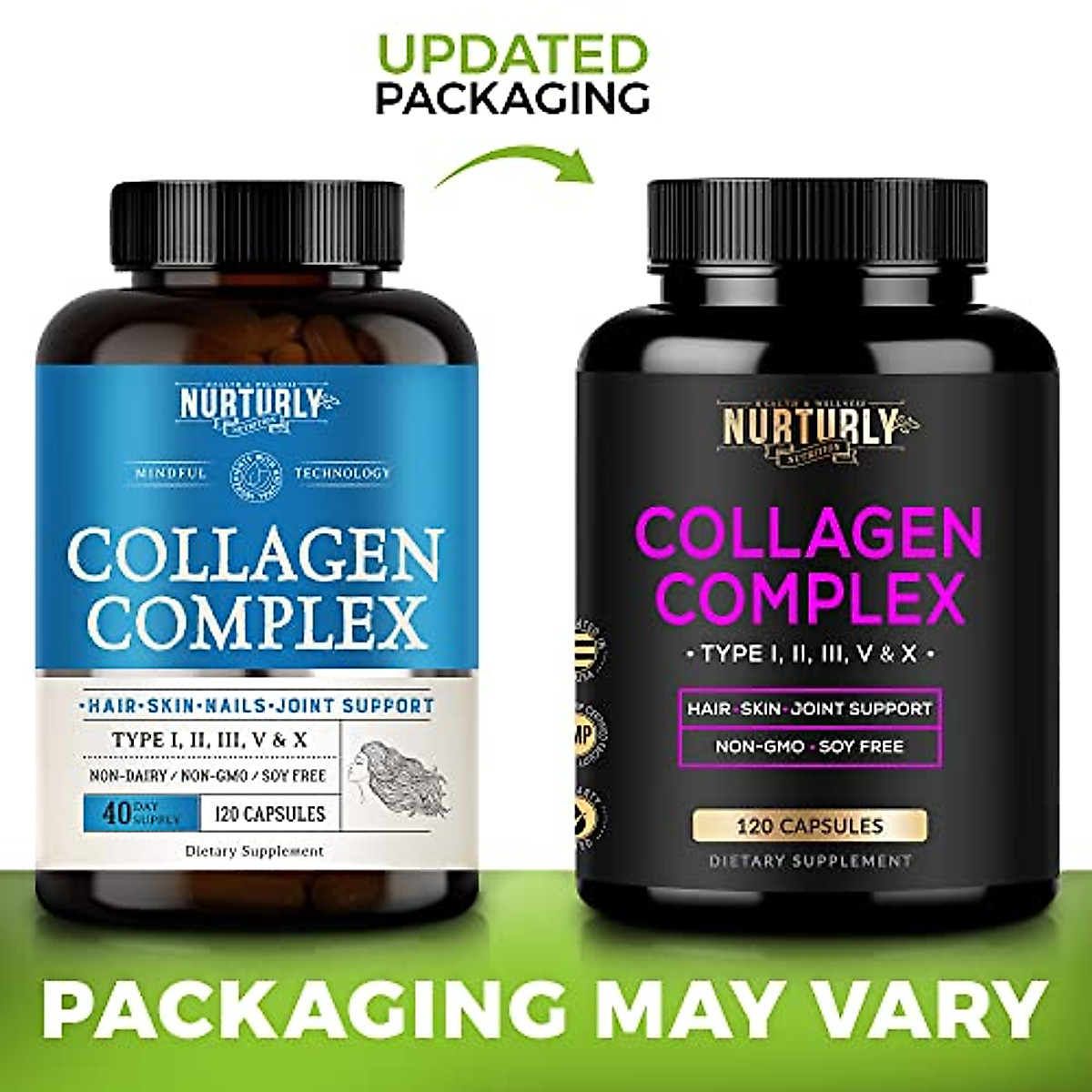 NURTURLY Multi Collagen Peptides Powder Capsules - Hydrolyzed Collagen Peptides Types (I, II, III, V & X) - Collagen Supplements for Joint Health, Anti-Aging, Hair, Skin & Nails - 120 Capsules