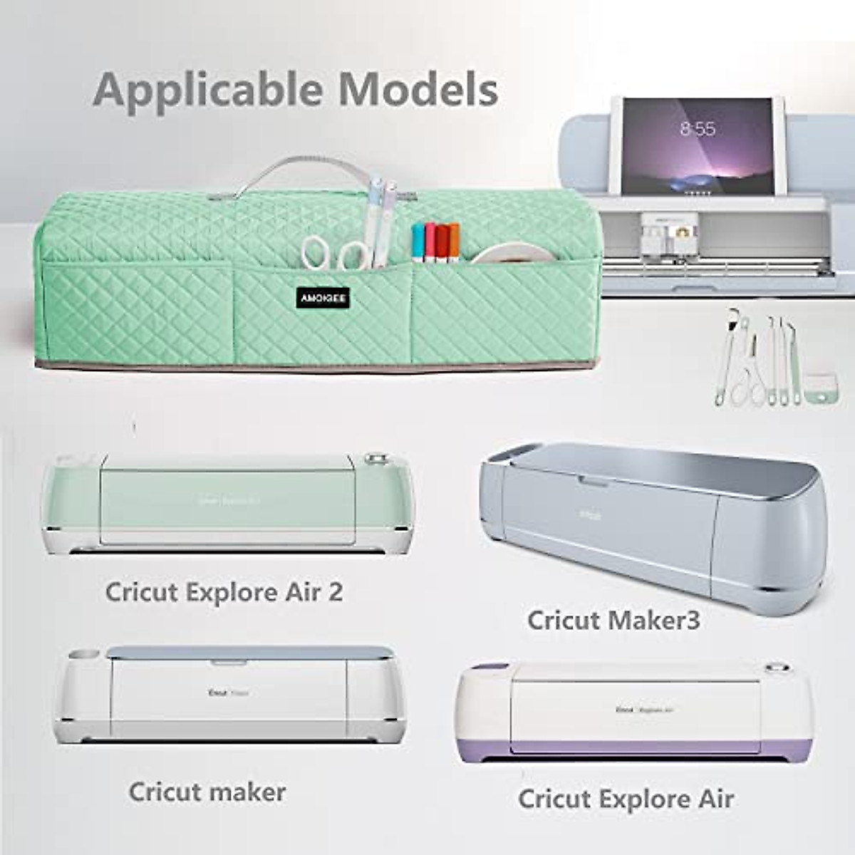 AMOIGEE Padded Dust Cover Compatible with Cricut Maker, Cricut Maker 3, Explore Air 2, Cricut Explore 3 Machine, with Pockets for Cricut Accessories, Mint