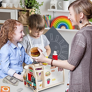 Victostar Wooden Play Food Set (58 pcs) Slice & Stack Sandwich Counter, Pretend Play Store Food Toys, Burger Shop Toys for Boys and Girls