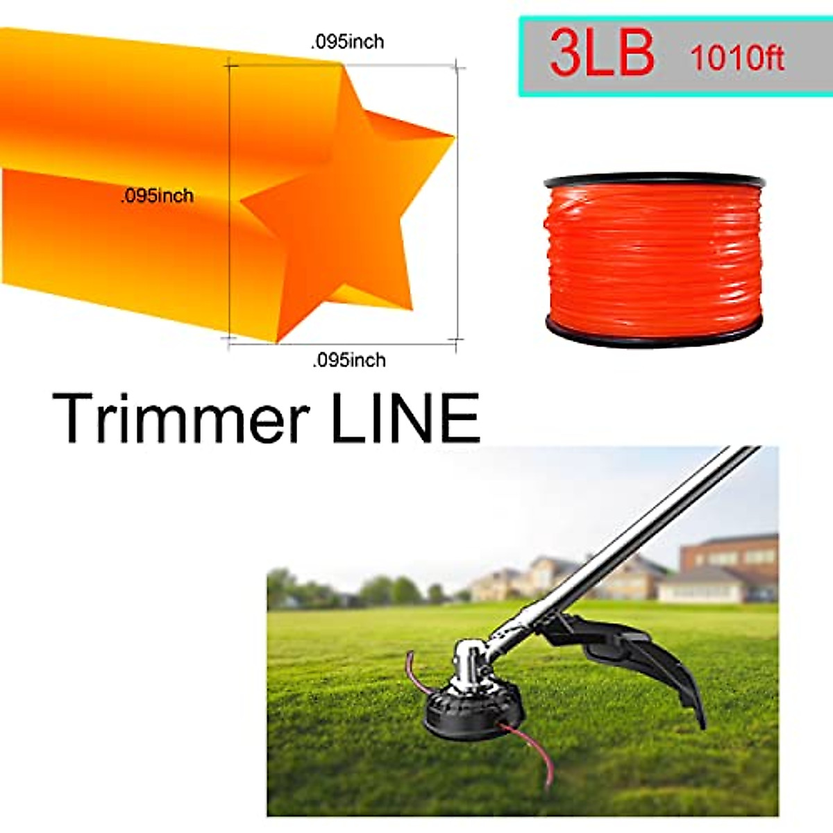 COSY GARDEN TOOLS CGT String Trimmer Line, Commercial Grade Orange Pentagon Weed Eater String, Premium Nylon Universal 0.095" Diameter x 3LB,1107.28-Foot