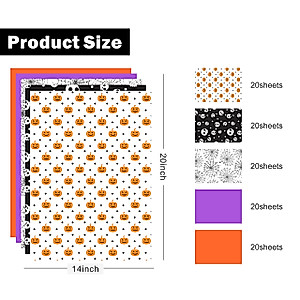 100 Sheets Halloween Tissue Paper for Gift Bags,14"X20" Orange Tissue Paper Purple Pumpkin Spider Various Designs for Halloween Paper Art Deco.