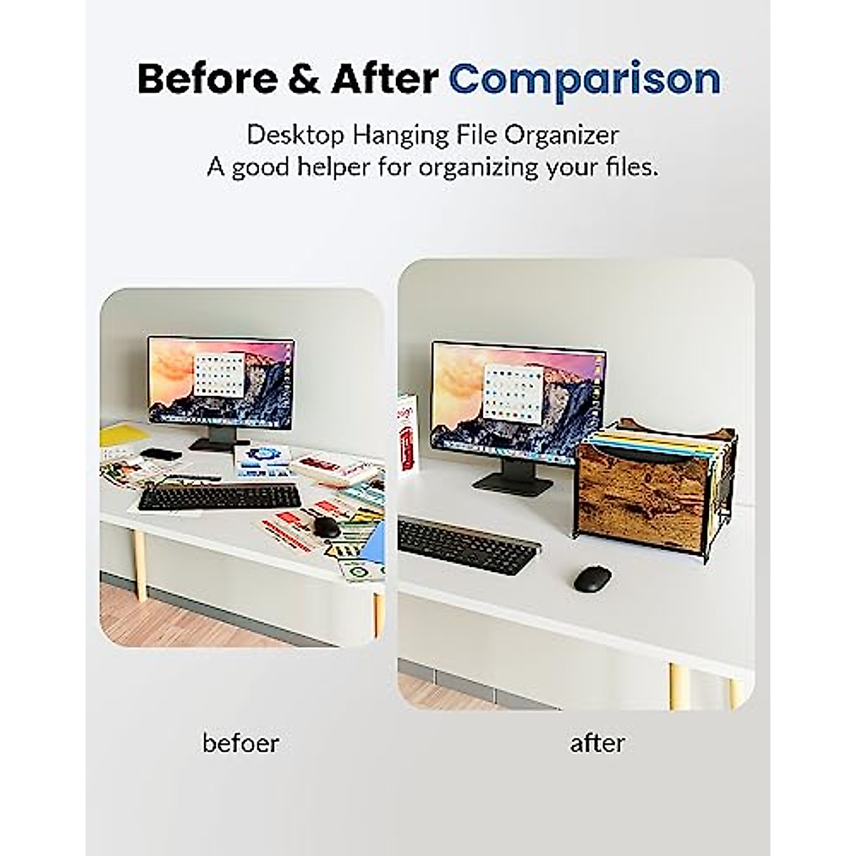 Oterri Hanging file box,Large Hanging File Organizer, Rustic Wood & Metal File Storage Organizer, Letter Size Hanging File Holder, Brown Filing Crate for Office&School (No Folders)