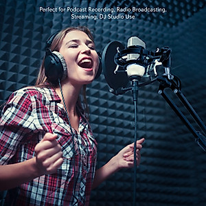 Pyle Suspension Microphone Boom Stand, Simple Clamp-Style Installation, Desktop Scissor Spring Arm Mic Stand w/ Shock Mount, Quick Setup & attached, Maximum Mic Arm Extension Dst= 2.26' ft.(PMKSH01)