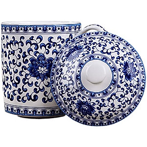 Heitiliamu Convenient Travel Home Office Chinese Gongfu Loose Leaf Tea/Coffee Brewing System- Bone China Porcelain Tea Cup/Coffee Cup/Tea Mug/Coffee Mug Personal Teacup with Tea Cup Lid,Blue Flowers