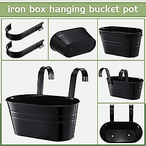 Zubebe 20 Pack Metal Iron Hanging Flower Holders Balcony Railing Planters Bucket Flower Pots with Detachable Hook Large Hanging Planters Rustic Herb Railing Planter for Indoor Outdoor Garden (Black)