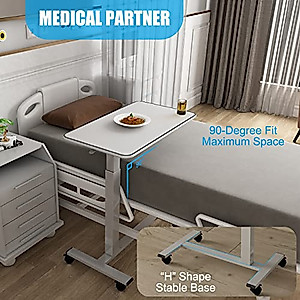 HITACTS Overbed Table Heigh Adjustable Pneumatic Hospital Bed Table with Lockable Wheels Rolling Bedside Table Standing Desk Over Bed for Home Office Height 29"-44"