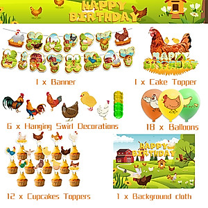 Chicken Birthday Decorations Chicken Party Supplies Set with Chicken Birthday Banner Backdrop Spirals Cake Cupcake Toppers Balloons for Chicken Party Decorations Farm Baby Shower Decorations