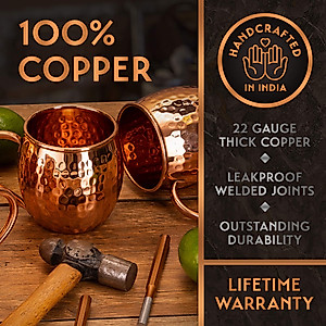Yooreka Gift Set Moscow Mule Mugs Set Of 4 16 oz Solid Cooper, 100% Pure Copper Cups Cylindrical Shape HANDCRAFTED,BONUS 4 Straws, 4 Wood Coasters, Stirring Spoon, Cleaning brush (Oval)
