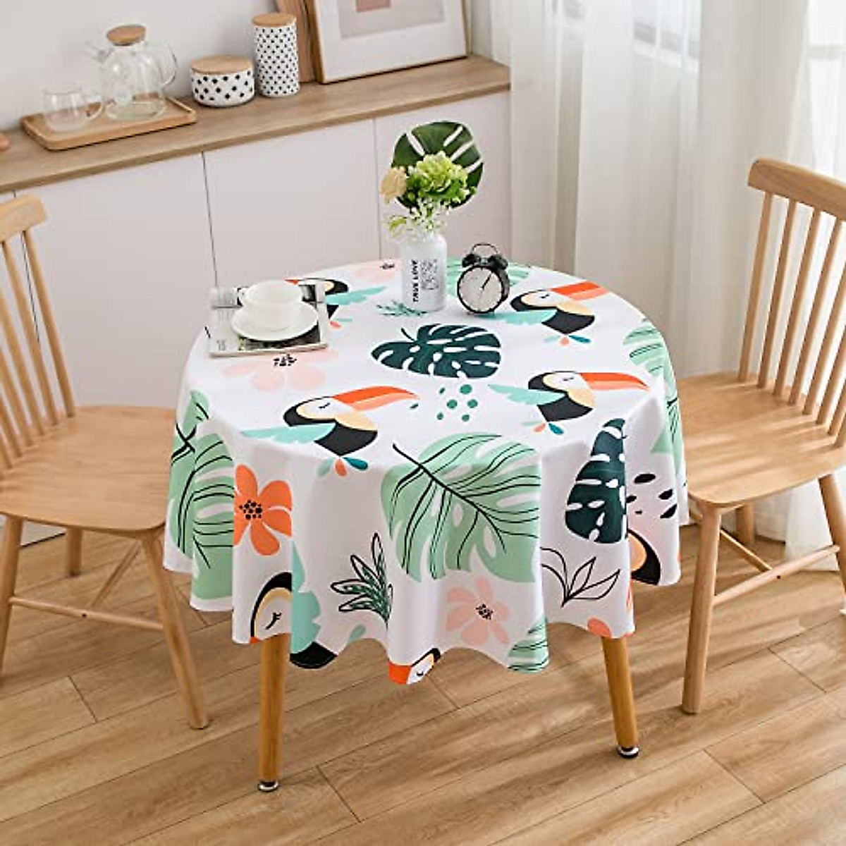 QiCHo Tropical Birds Toucan Round Tablecloth Thicken Desk Cloth Washable Table Cover, Hawaiian Theme Table Cloth for Kitchen Daily Dinning Party Tabletop Decor 70 Inch
