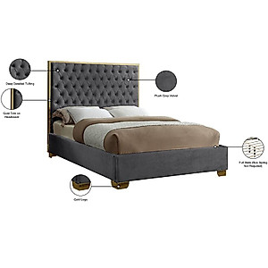 Meridian Furniture Lana Collection Modern | Contemporary Velvet Upholstered Bed with Deep Detailed Tufting and Gold Legs, Queen, Grey