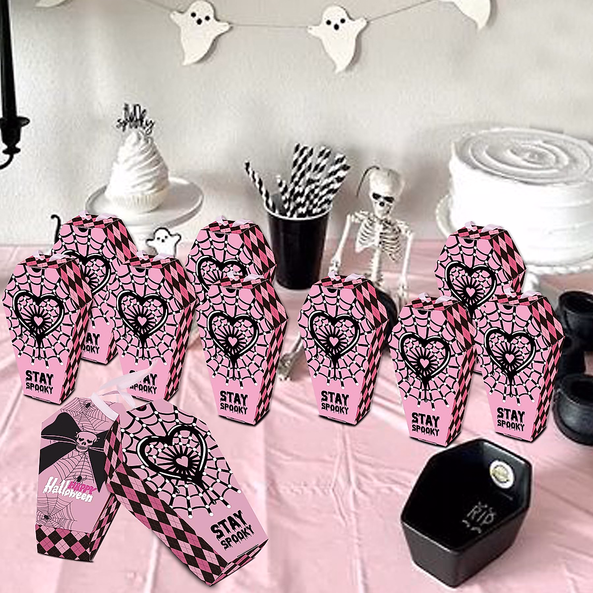 HOMEZZO 24 Pcs Pink Spider Web Coffin Boxes, Spooky Goth Black Conquette Halloween Coffin Paper Candy Treat Gift Boxes for Halloween Party Decorations