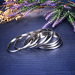 Castillna Glossy Stainless Steel Bangle Bracelets Set for Women, Silver, Set of 7 Pieces, 7.8 inches