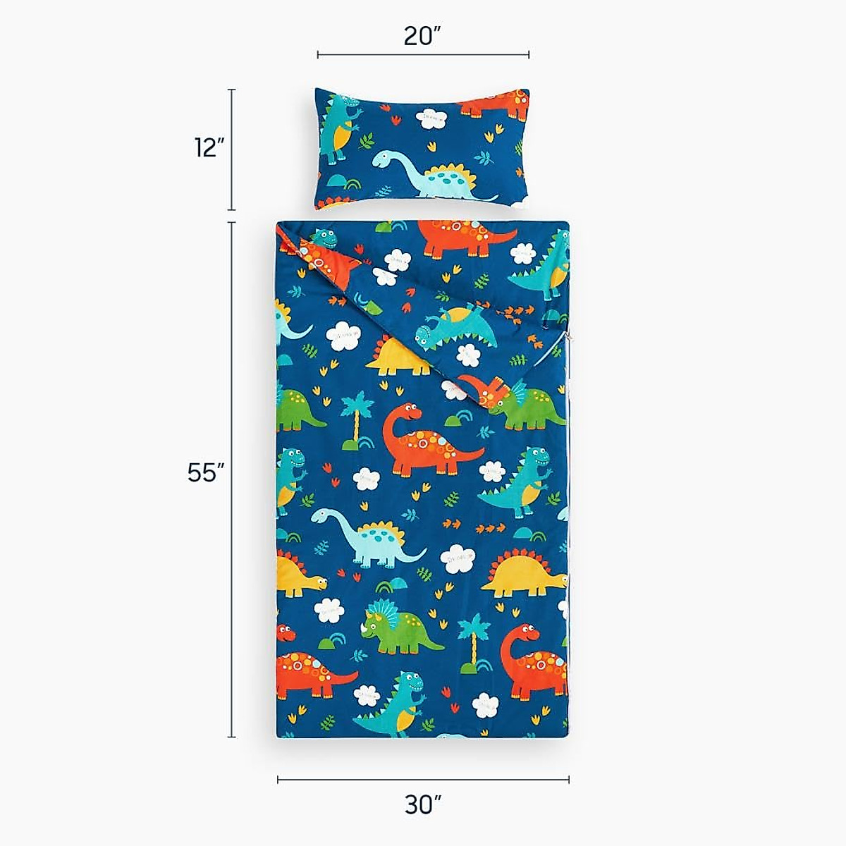 Wake In Cloud - Sleeping Bag Zippered, Nap Mat with Matching Pillow for Kids Boys Girls Sleepover Overnight Travel Slumber Bag, Dinosaurs Printed on Navy Blue, 100% Cotton with Microfiber Fill
