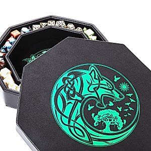 DND Dice Tray - Premium 8 Inch Tray for Dungeons and Dragons: Exquisitely Detailed Green World Tree & Wolf Raven Design - Perfect Rolling & Box Storage to Protect Your Dice for D&D and RPG