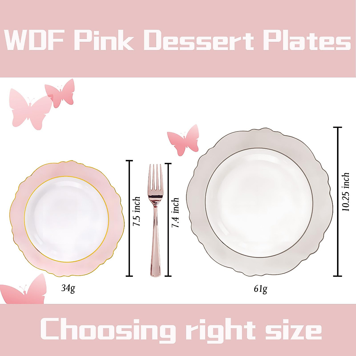 WDF 60pcs Pink Dessert Plates - 7.5inch Baroque Pink &Gold Disposable Dessert/Salad Plates for Upscale Parties &Wedding-Special for Bridal Shower &Tea Party