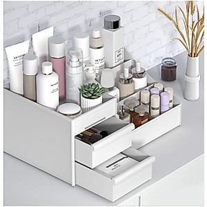 CHANCETSUI Makeup Desk Organizer, Makeup Organizer With Drawers, Bathroom Countertop Organizer for Cosmetics, Vanity Holder for Lipstick, Brushes, Lotions, Eyeshadow, Nail Polish and Jewelry (White)