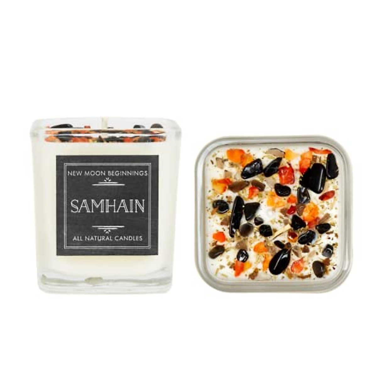 Samhain Halloween Candle by New Moon Beginnings - Fall Scented Pumpkin Candles - Herb & Crystal Candles - Soy Candle - Autumn Fall Candles