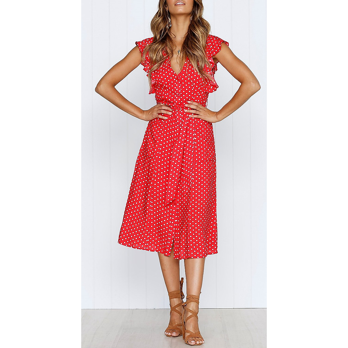 MITILLY Women's Boho Polka Dot Flutter Short Sleeve V Neck Button Down Swing Midi Dress with Pockets Medium Red