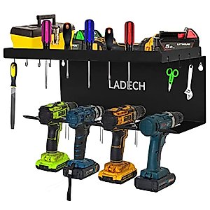 LADECH Cordless Drill Tool Organizer - Drill holder storage wall mount shelf rack and charging station to optimize garage organization and power tool storage (Drill holder & Shelf)