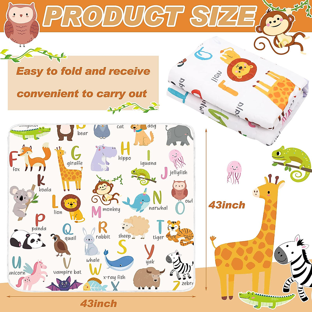 Tradder Alphabet ABC Portable Baby Play Mat 43 x 43 Inch Boho Animal Washable Foldable Non-Slip Crawling Mat for Babies Kids Play Mats Pad for Floor Playpen Toddler Infants Tummy Time Activity Mat