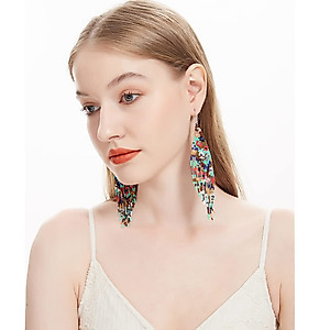 Luluping Long Beaded Dangle Earrings – Boho Native Handmade Seed Bead Tassel Earrings for Women, Bohemian Large Statement Beaded Drop Fringe Earrings (Colorful Beaded Earrings D)