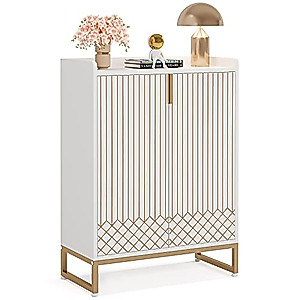 Tribesigns Shoe Cabinet, 25 Pairs Shoe Cabinets with Doors, White 5-Tier Wood Shoes Rack Organizer for Entryway, Freestanding Shoe Storage Cabinet with Gold Metal Frame for Bedroom Hallway Living Room