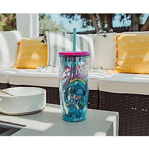 Disney Lilo & Stitch Jamming Plastic Tumbler With Leak-Resistant Lid and Reusable Straw | Double-Walled Travel Cup For Drinks | Holds 20 Ounces