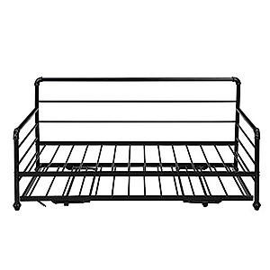 FULLJOJOR Daybed with Pop Up Trundle, Metal Daybed with Trundle & Pull-Out Trundle Set with Lockable Casters, Twin Platform Bed Sofa Bed for Living Room, Guest Room, No Box Spring Needed