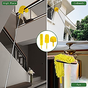 17 Foot High Reach Duster Kit with 2-to-9 Foot Extension Pole, Newliton 3-in-1 High Ceiling Chenille Duster, Microfiber Duster, Cobweb Duster, Indoor & Outdoor Extendable Bendable Duster Cleaning Set