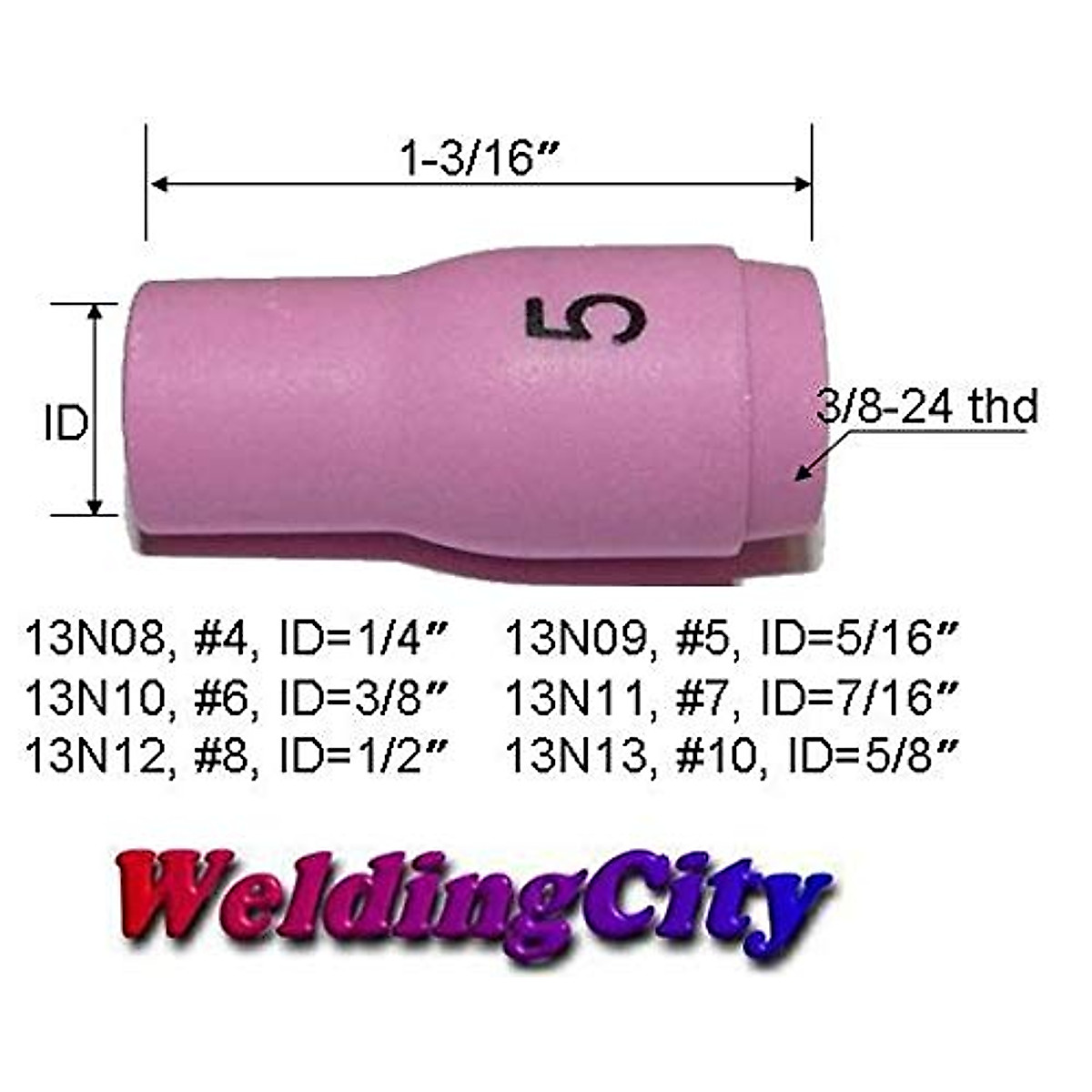 WeldingCity 5-pk Ceramic Cup 13N09 (#5, 5/16" Bore, Alumina) for Regular Setup in TIG Welding Torch 9, 20 and 25 Series
