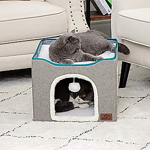 Bedsure Cat Beds for Indoor - Large Cat Cave for Pet House with Fluffy Ball Hanging and Scratch Pad, Foldable Hideaway,16.5x16.5x14 inches, Grey