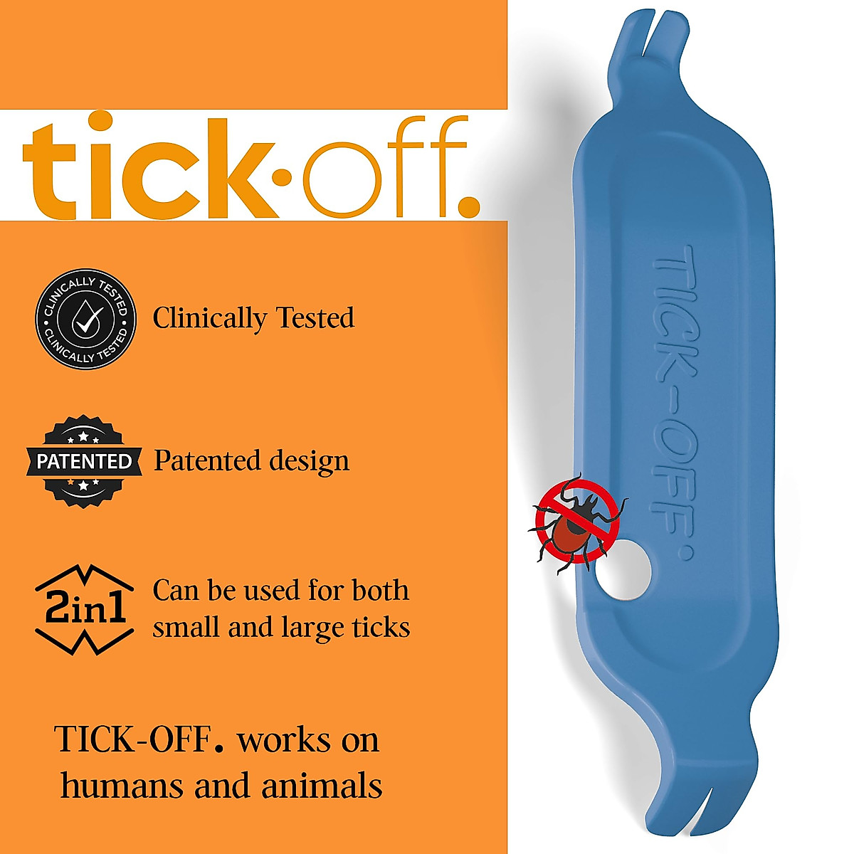 tick-off - Patented Tick Remover with 2 Sizes Tick Hook & Ergonomic Handle Double-Sided Tick Tweezers for People Dogs Cats Horses | Clinically Tested | Single Pack Blue
