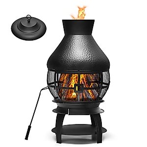 Outdoor Chiminea Fireplace, Vintage Metal Chimineas, Wood-Burning Rustic Finish Fire Pit with 360° Wire Mesh, Fire Poker, Chimney Cap & Wood Storage, Large Firepit for Lawn, Garden, Patio & Backyard